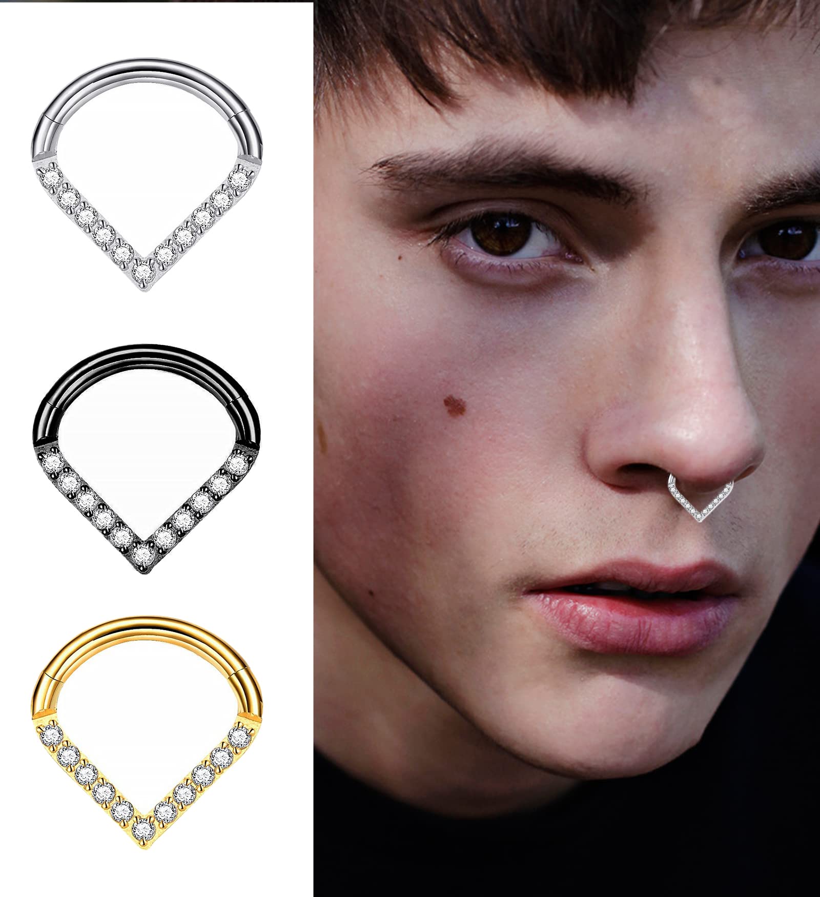 AJEVIE V Shape Nose Rings Hoops - 316L Surgical Steel Cartilage Earrings Piercing Jewelry 8mm-10mm Hinged Segment Rings Lip Rings Piercing Kit