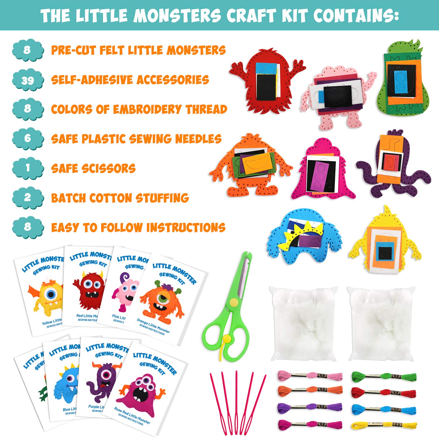 CiyvoLyeen Little Monsters Sewing Craft Kit for Children Adopt A Monster Felt Plush DIY Sewing Art Kids Educational Toys Monster Bash Craft Gift for Beginners Set of 8