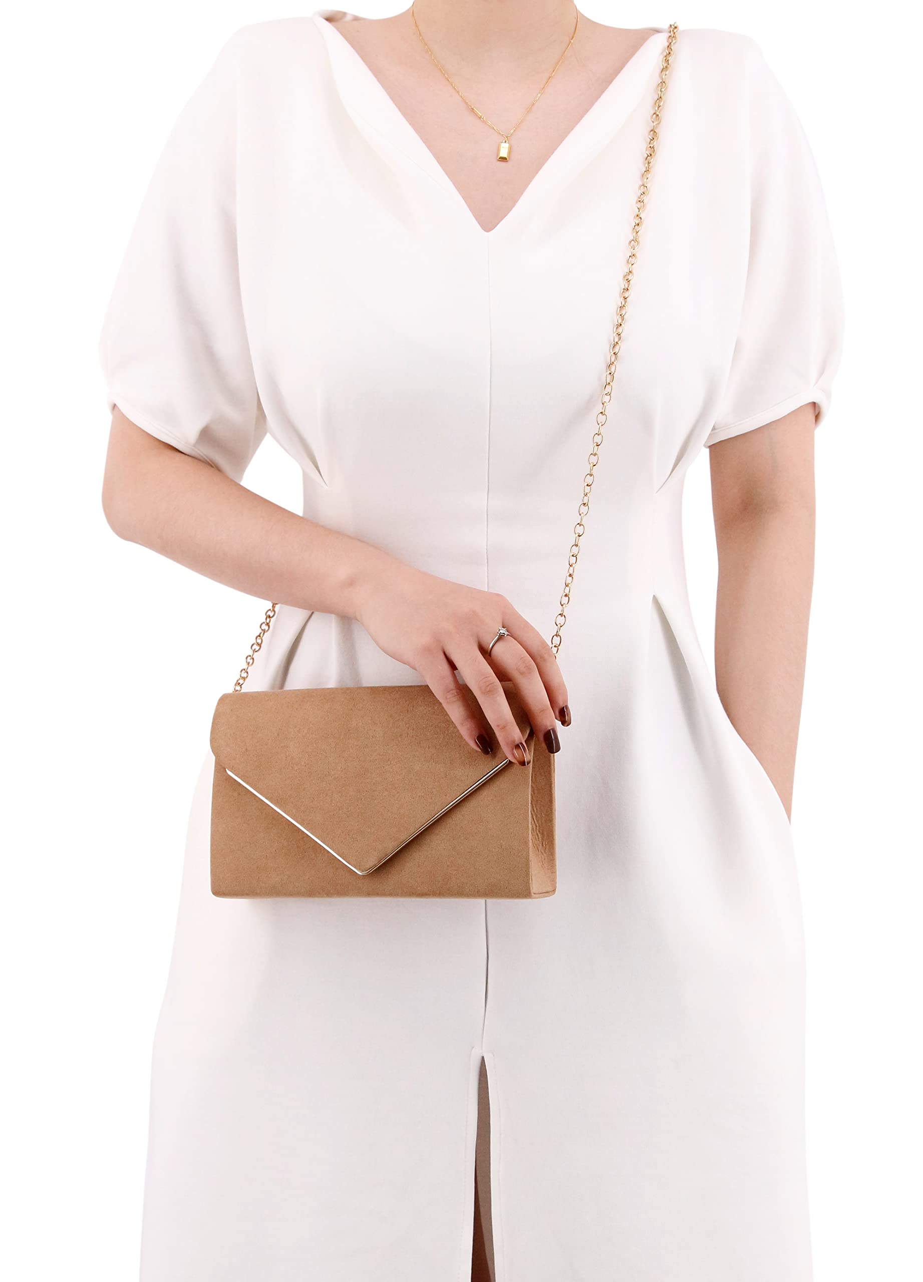 jascaela Women's Faux Suede Evening Clutch Handbags Envelope Evening Purses for Wedding Cocktail Prom Party - Camel