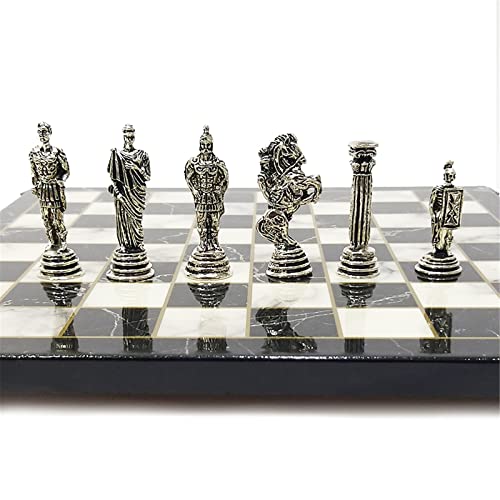 ARRGO Metal Chess Set with Shield Medieval Roman Soldier Collection Figured Antique Set Gray and Bronze Stones 27x27 CM Wooden Table