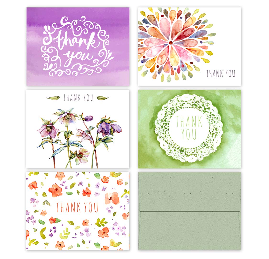 Floral Watercolor Thank You Cards (10 Premium Thank You Cards with Sage Green Envelopes) - 5 Unique Designs - Assorted All-Occasion Note Card Bulk Set - Made in The USA by Palmer Street Press