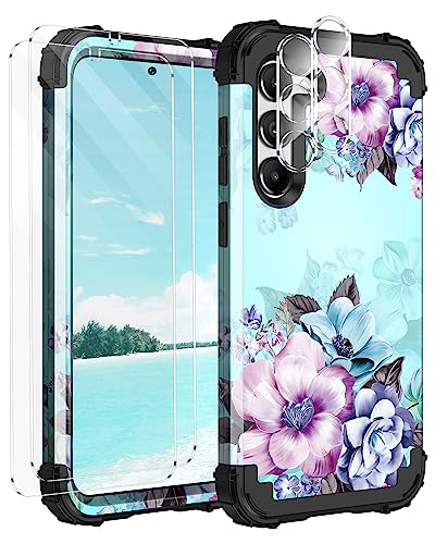 Casetego Compatible with Galaxy S23 5G Case,Floral Shockproof Three Layer Heavy Duty Protective[2 Pcs Tempered Screen Protector+2 Pcs Camera Lens Protector] Case for Samsung Galaxy S23,Blue Flower