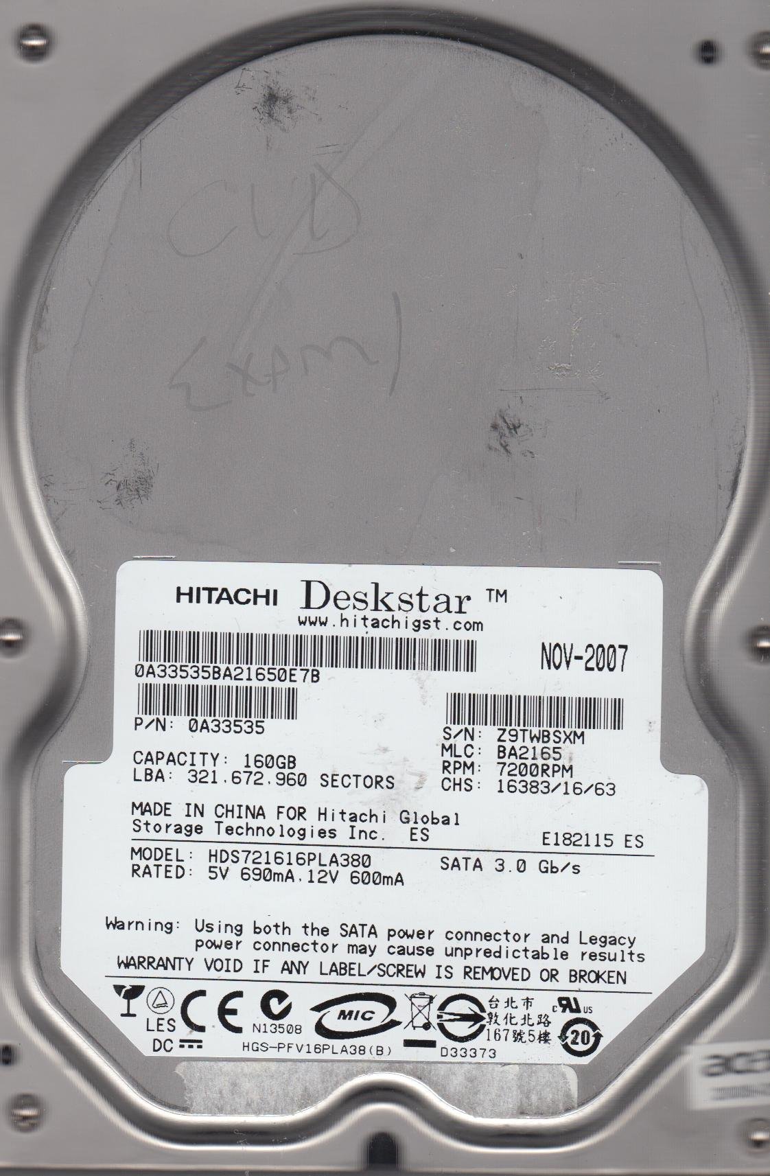 HDS721616PLA380, PN 0A33535, MLC BA2165, Hitachi 160GB SATA 3.5 Hard Drive