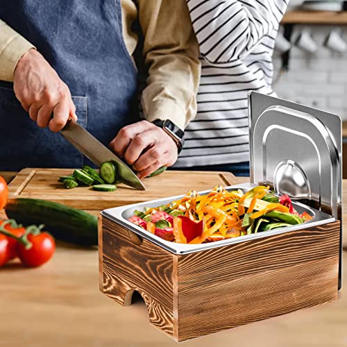 Frcctre Kitchen Compost Bin, 2.1 Gallon Countertop Compost Bin with Lid and Pinewood Box, Smell Proof and Rust Proof Stainless Steel Insert, Indoor Large Compost Bin Kitchen Counter