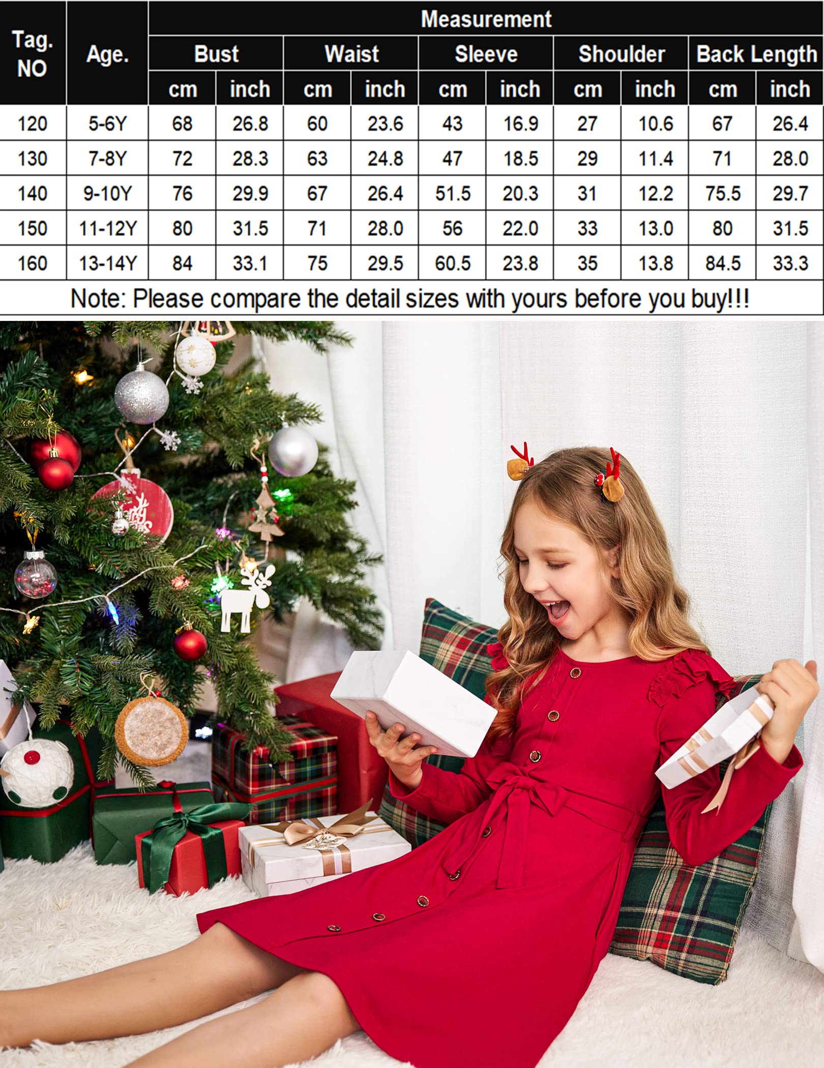Arshiner Girls Solid Dress Ruffle Long Sleeve Pleated Casual Swing Dresses with Pockets for Kids (Red, 7-8 Years)