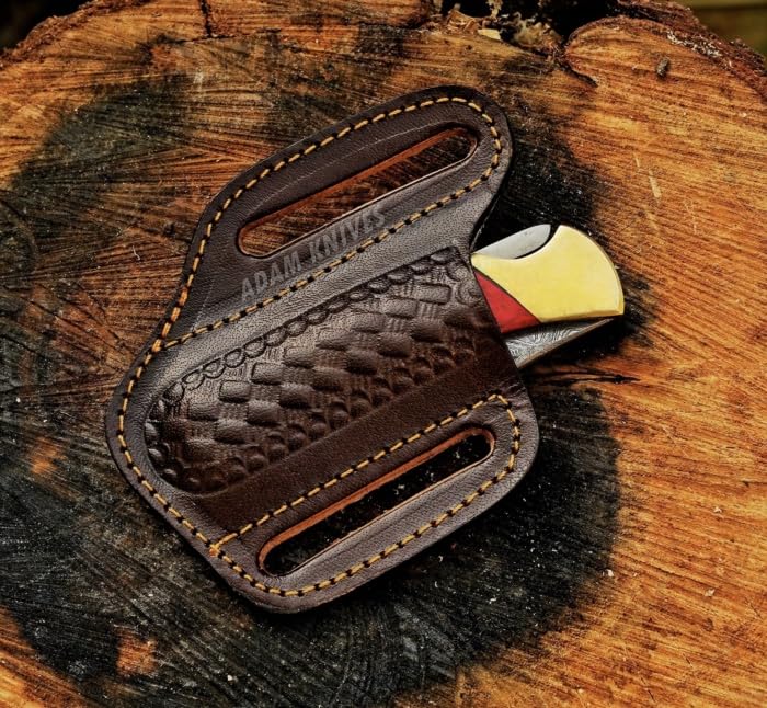ADAM KNIVES Leather Pocket Knife Sheath For Belt, Slanted Sheath, Tooled Leather Sheath, Beautiful Folding/Trapper Knife Leather Cover 100% Real Leather (Dark Brown)