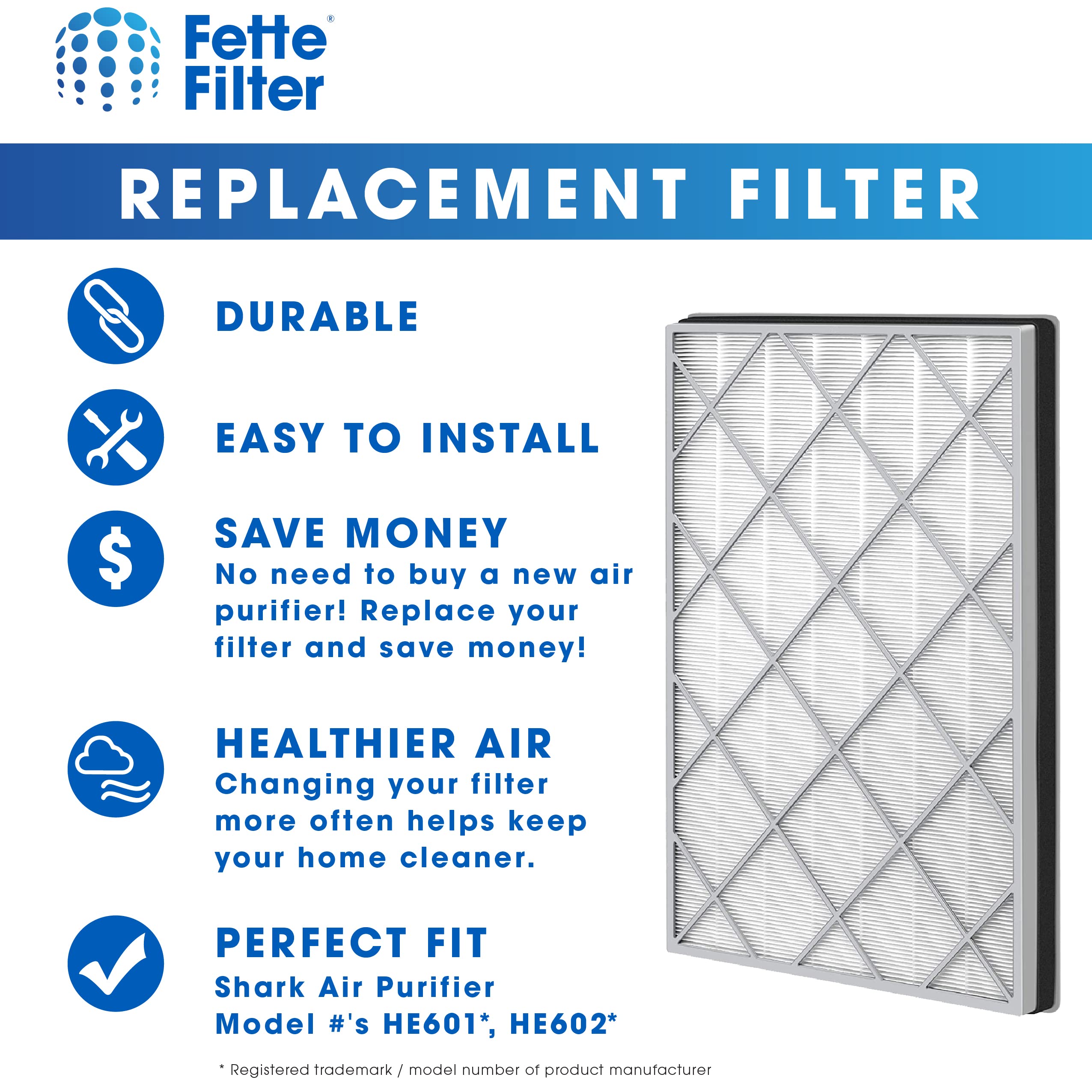 HE601 & HE602 Air Purifier Premium Replacement Filter H13 True HEPA Compatible with Shark Air Purifier 6-Fan Models HE601 HE602 Compare to Part # HE6FKBAS, HE6FKPET, HE6FKPRO - Pack of 1