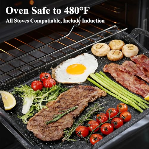 Bazova Nonstick Stove Top Griddle/Grill,16.5"x12.0", Double Burner Granite Griddle Pan,Cast Aluminum Induction Pancake Breakfast Maker, Light-Weight Flat Top Grilling Plate for Gas Grill Camping & BBQ