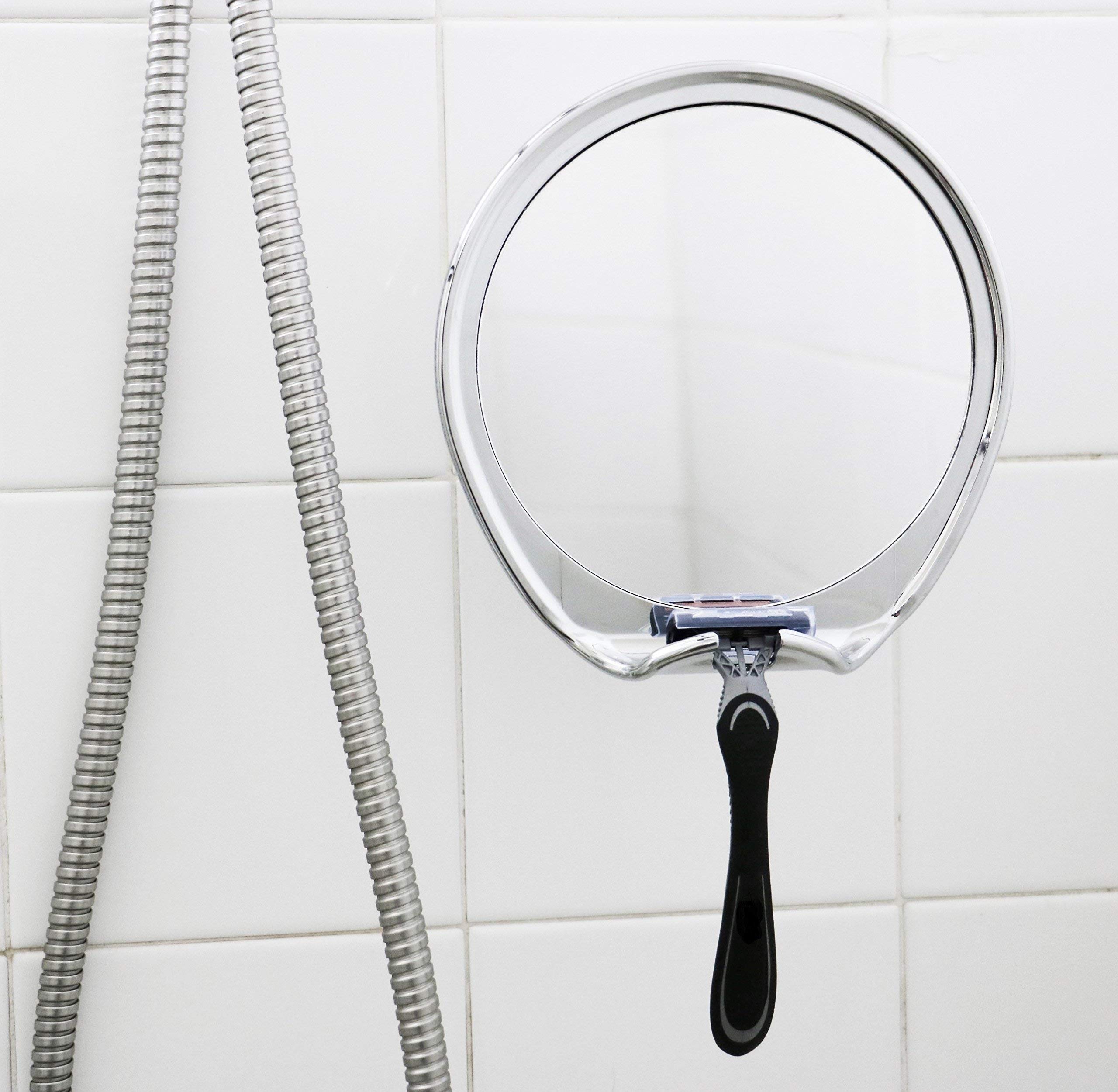 JiBen Fogless Shower Mirror with Power Locking Suction Cup, Built-in Razor Hook and 360 Degree Rotating Adjustable Arm, Personal Fog Free Bathroom Shaving Mirror (Chrome)