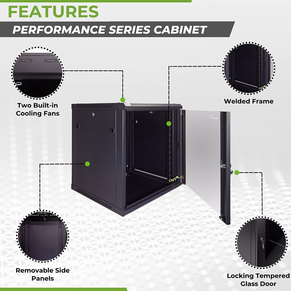 NavePoint 12U Server Cabinet Wall Mount Rack Enclosure Includes 2 Fans, Locking Glass Door, Removable Side Panels β 12U Network Cabinet 23.6β Deep, 19 Inch Server Rack for IT and A/V Equipment