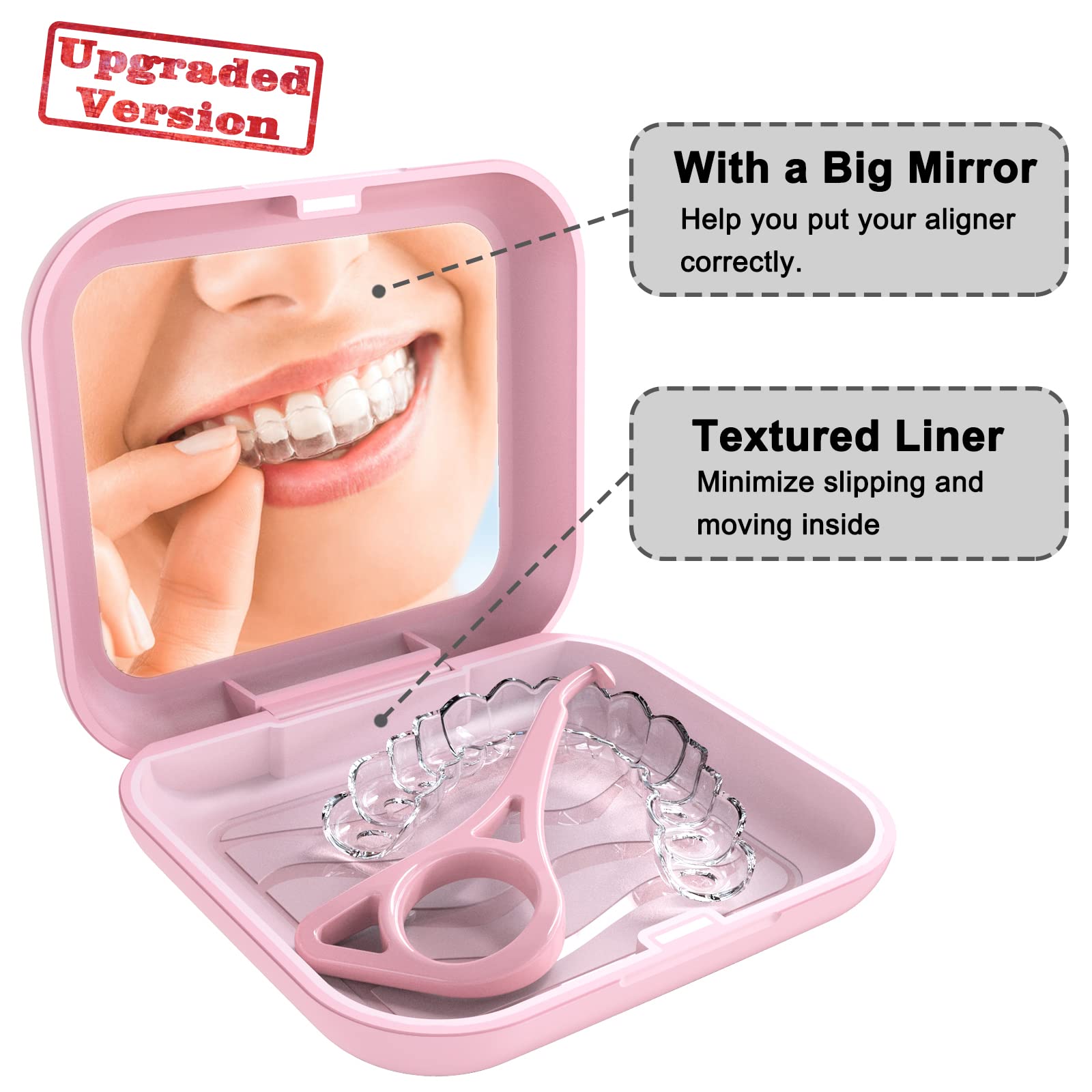 Aligner Case with Mirror and Aligner Removal Tool- Compatible with Invisalign, Aligners, and Mouth Guards, Premium Retainer Case with Magnetic Closure and Textured Liner- Easy to Use (Pink)