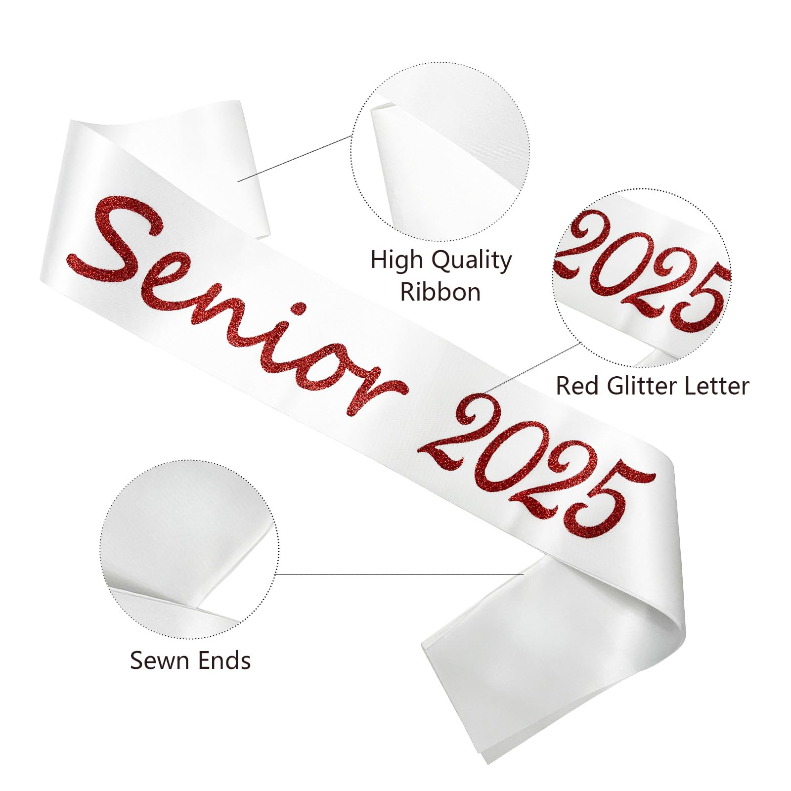 Ashaqshnglee Senior Sash 2025, 6 Pack White Senior 2025 Satin Sashes with Red Glitter Letters Graduation Sash Finally Graduated Senior Cheer Sash Party Supplies