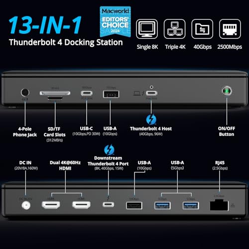 WAVLINK Thunderbolt 4 Hub with Dual HDMI 4K@60Hz,100W Charging, Thunderbolt Certified, 13-in-1 Thunderbolt 4 Dock Dual Monitor Single 8K Output for Windows or Mac, 4X USB, 2.5G Ethernet,SD/MicroSD