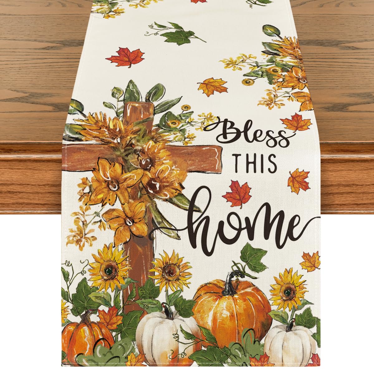 Artoid Mode Cross Pumpkins Fall Table Runner, Bless This Home Seasonal Autumn Kitchen Dining Table Decoration for Home Party Decor 13x72 Inch