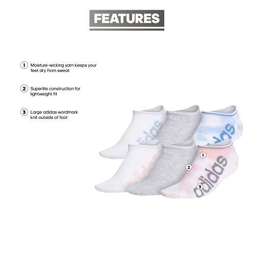 adidas Womens Superlite Linear (6-pair) No Show Sock, Vapour Pink/Ambient Sky Blue/Grey, Medium US