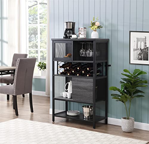 CEMKAR Industrial Bar Cabinet, Modern High Display Wine Storage Rack, Wood and Metal Cabinets for Home Kitchen Storage, Restaurant Cafe Cafeteria Bar Cabinet (Black+Gray)