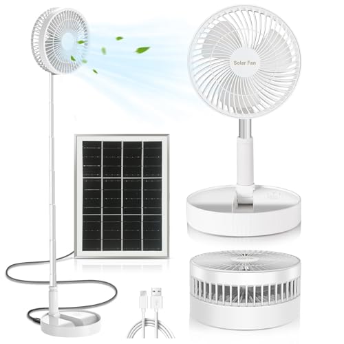 AKOFIC Portable Standing Fan with Solar Panel, Battery & Solar Powered Fan for Travel, 8" Rechargeable USB Foldable Compact Pedestal Fan, 3 Speeds Quiet Telescopic Desk Fan for Home Bedroom Camping