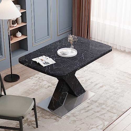 CEMKAR Modern Square Dining Table, 47.24β-62.99" L Stretchable, Printed Black Marble Table Top+MDF X-Shape Table Leg with Metal Base (Black)