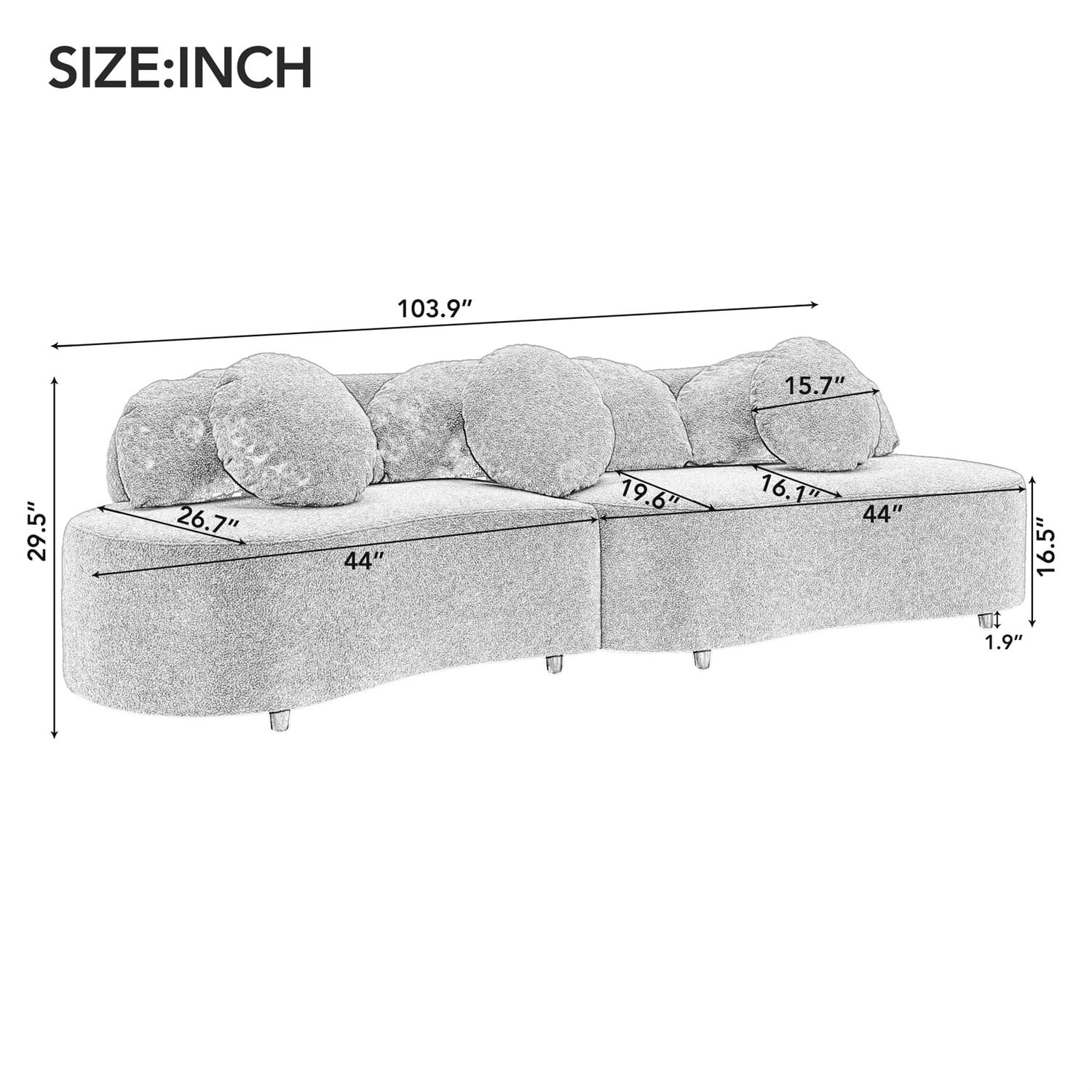 Polibi 103.9" L Modern Sofa with 3 Pillows, Velvet Upholstered Couch Unique Curved Shape for Living Room, Bedroom, Office, Beige