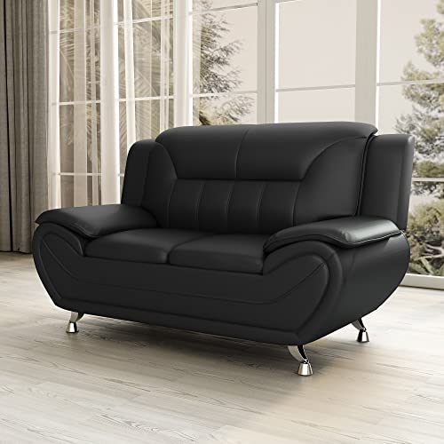 Container Furniture Direct Michael Modern Faux Leather Upholstered Stainless Steel Legs Living Room Loveseat, Black