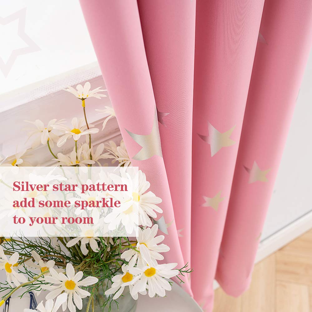 Anjee Kids Blackout Curtains for Girls Room with Foil Print Star Pattern Window Drapes for Bedroom, 38 x 45 Inches, Pink