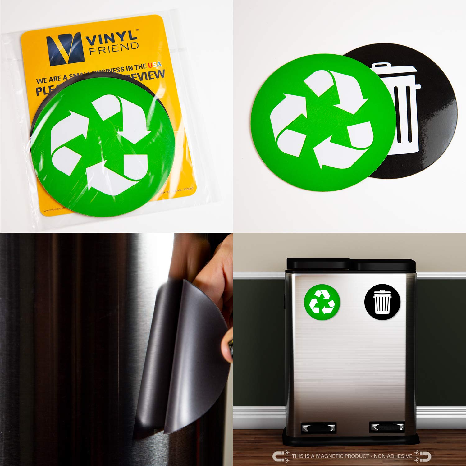 Recycle and Trash Magnetic Stickers Logo - for Metal or Plastic Garbage cans, and Bins - Indoor & Outdoor - Laminated and UV Protected Premium Decal 2567 (Green - Magnetic, Medium)