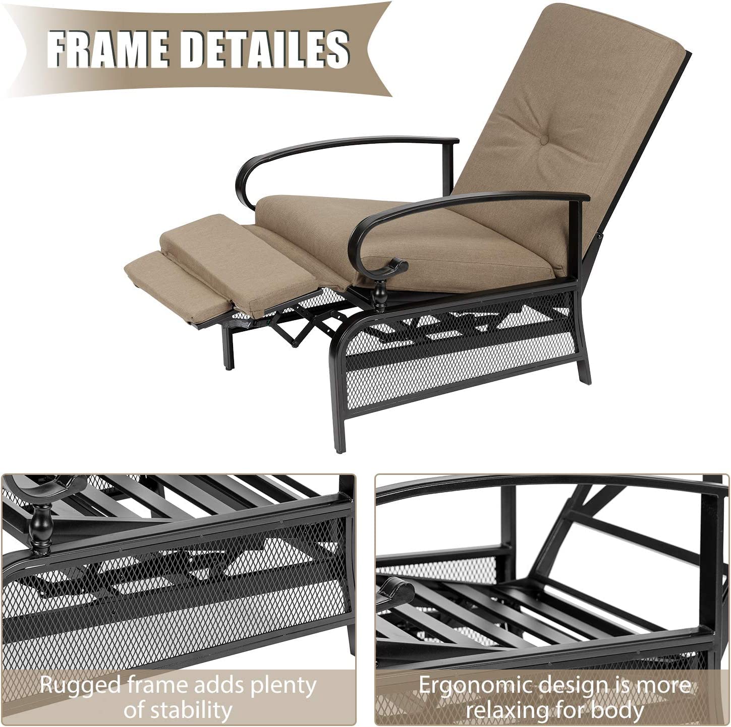 Betterland Outdoor Lounge Chair Set of 2 Metal Adjustable Patio Recliner Chair with Strong Extendable Frame and Thickened Removable Cushions, Beige