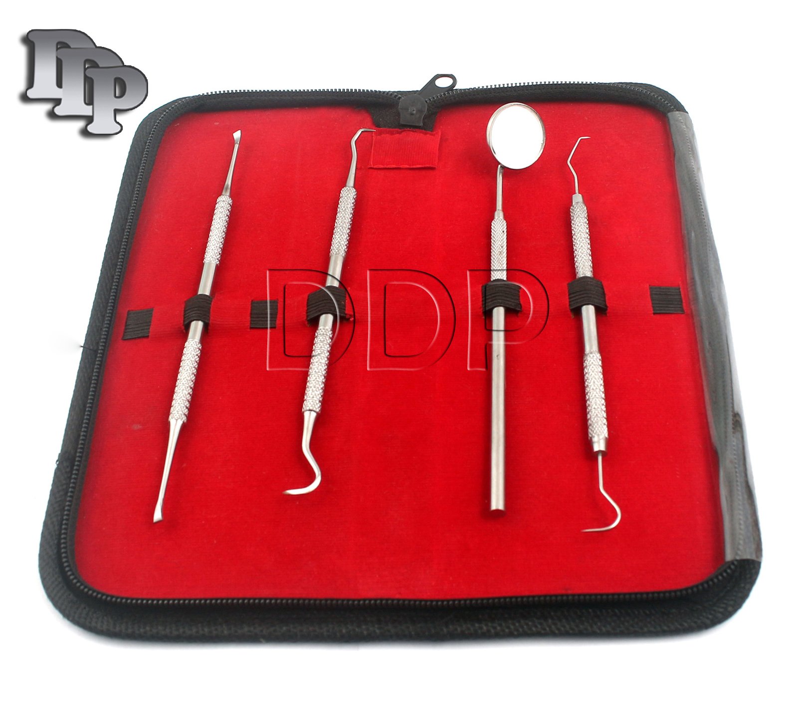 DDP DENTAL HYGIENE TOOL SET - STAINLESS STEEL DENTAL TOOTH PICK, MOUTH MIRROR,TARTER SCRAPER AND PLAQUE REMOVER - DENTAL TOOL KIT IS IDEAL FOR PERSONAL USE & PET FRIENDLY-FREE PROTECTIVE CASE