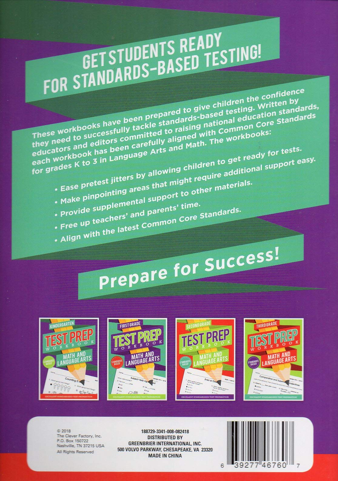 Kindergarten Grade Math & Language Arts Test Prep Workbook (Aligned with Common Core Standards) v3