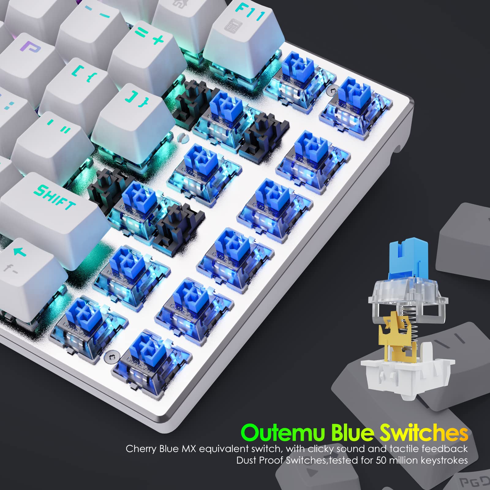 HUO JI E-Yooso Z-88 RGB Mechanical Gaming Keyboard, Metal Panel, Blue Switches - Clicky, Compact 81 Keys Hot Swappable for Mac, PC, Silver and White