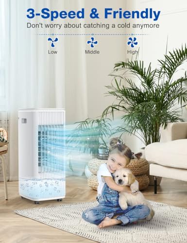 Evaporative Air Cooler, 3-IN-1 Windowless Portable Air Conditioner with Natural/Cooling/Humidifier & 3-Speed, 70° Oscillation & 7 Timer Remote Control, Swamp Cooler w/4 Ice Packs for Home & Kitchen