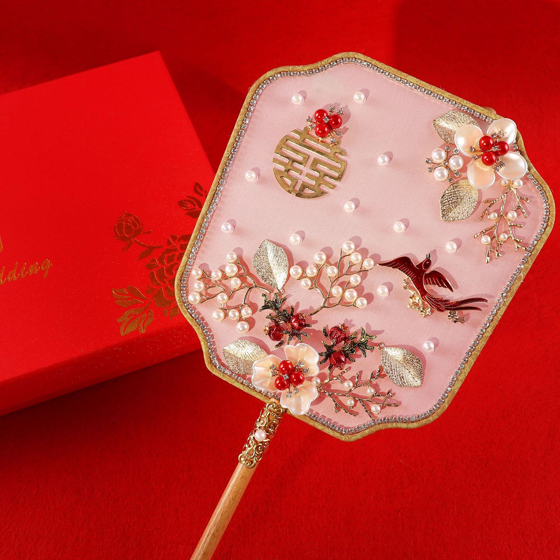 Albert Ancient Wind Bride Chinese-Style Hand-held Flower DIY Material Package Fan Show Woil Married Hanfu COS Pearl Happy Fan (Color : C)