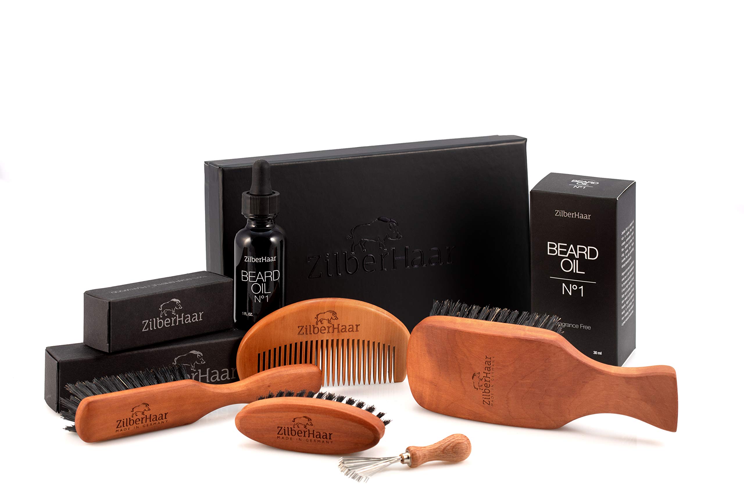 ZilberHaar Beard Brush Grooming Kit - Stiff Bristles Boar Bristles - Ideal for Medium to Long, Thick Beards - Distributes Balm & Oil for Growth/Styling - With Brush Cleaning Tool