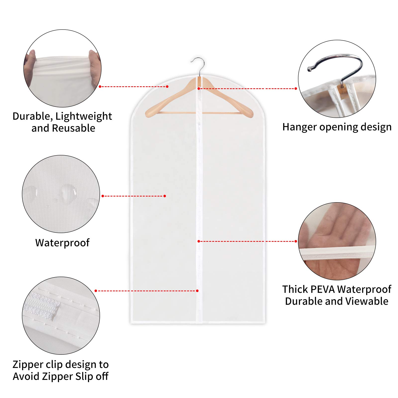 OUPAI Clear Garment Bags For Hanging Clothes, Clothes Covers Protecting Full Zipper Suit Bags PEVA Garment Cover for Closet and Cloth Storage- 24'' x 40'' /6 Pack