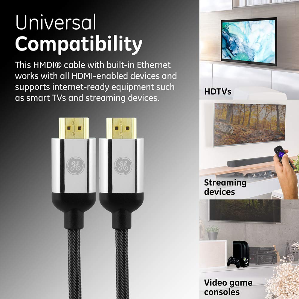 GE 4K HDMI Cable, 6 ft. Premium HDMI 2.0 High Speed 18 Gbps with Ethernet, 4K 60Hz, 1440p 1080p 120Hz, HDR, for HDTV, Streaming, Blu-ray, Gaming, PS4 Pro PS5 Xbox, 33512