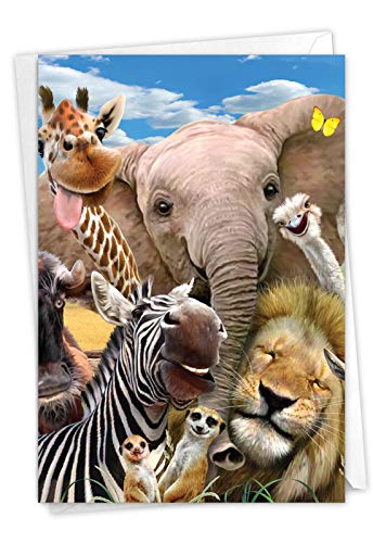 NobleWorks - 1 Funny Animal Birthday Card with Envelope - Cute Kids Card for Birthdays - Here's Looking at Zoo C6639FBDG-US