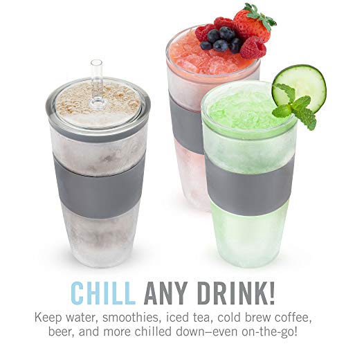HOST Straw and Lid Plastic Double Wall Insulated Freezable Drink Chilling Tumbler with Freezing Gel Glasses for Red and White Wine, 16 oz, Grey