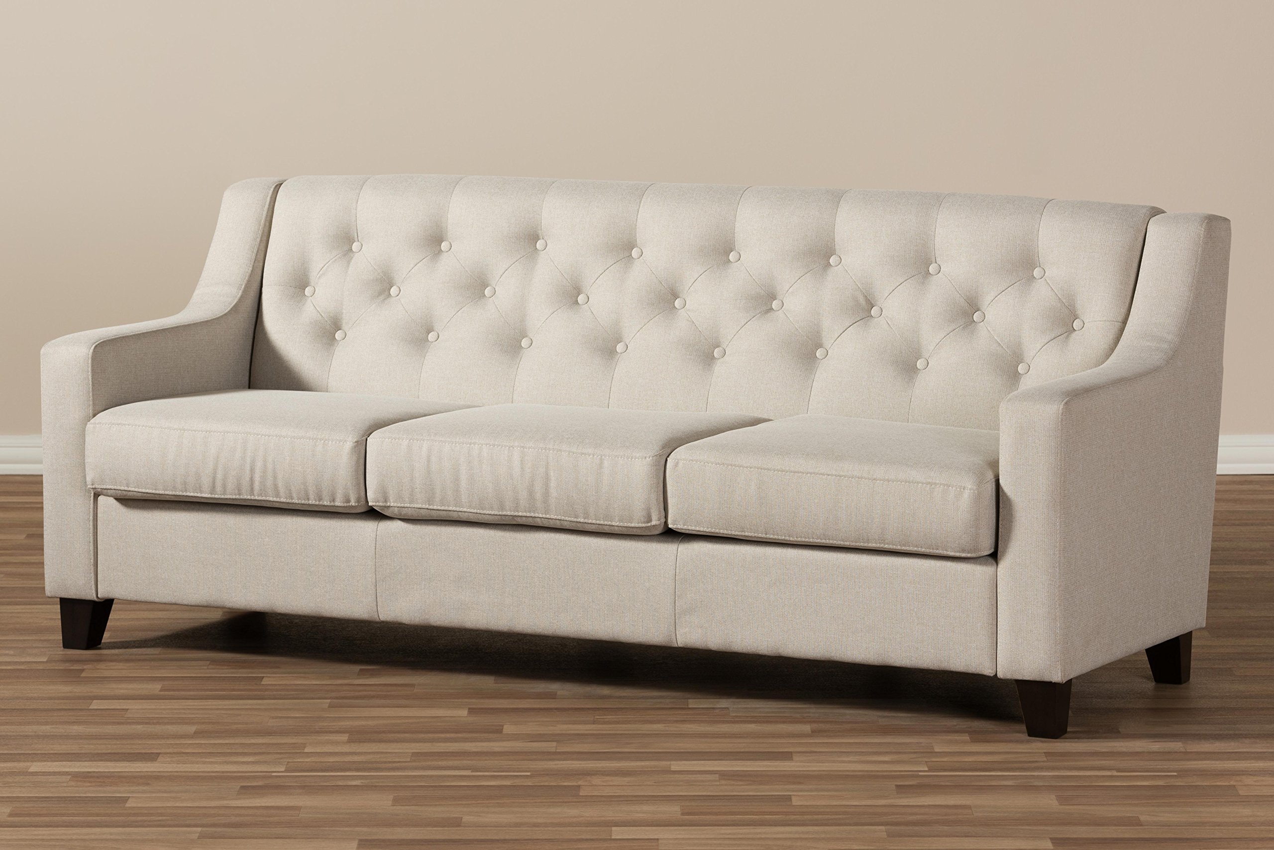 Baxton Studio Gervaise Modern and Contemporary Fabric Upholstered Button-Tufted Living Room 3-Seater Sofa, Light Beige
