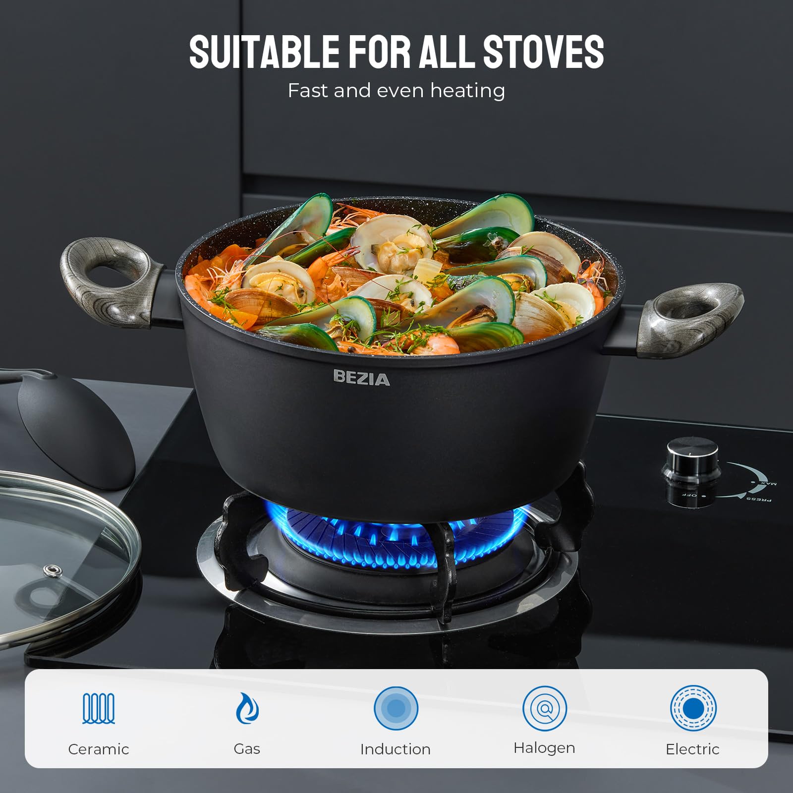 BEZIA Induction Cookware Set 15-Piece, Nonstick Pots and Pans Set, Non Stick Kitchen Cooking Cookware Set with Stay-Cool Bakelite Handle, Dishwasher Safe, Compatible with All Stoves, Black