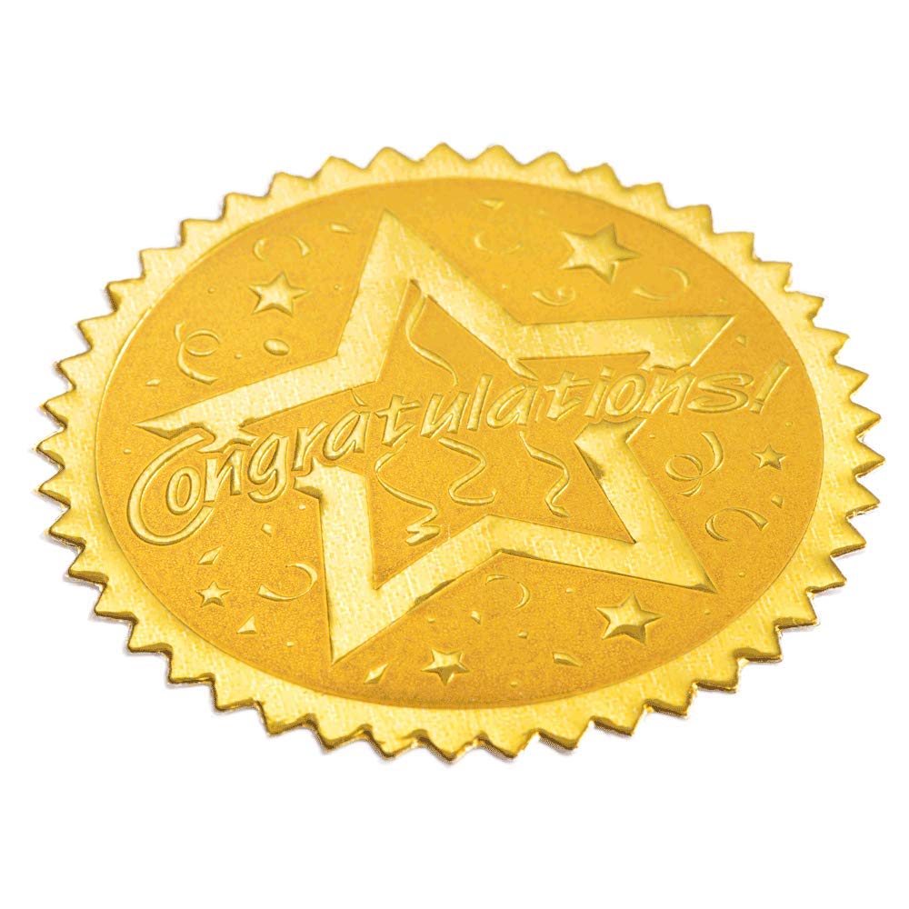 PaperDirect Congratulations 5-Point Star Embossed Gold Foil Certificate Seals, 2 Inch, Self Adhesive, 100 Count, Embossed Seals for Certificates, Achievement Award Stickers for School, Work, Diploma