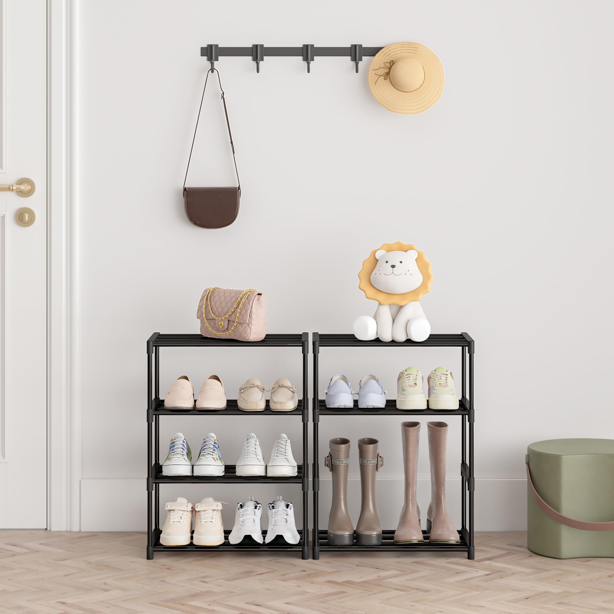 Autonomier 4 Tier Small Shoe Rack, Narrow Stackable Shoe Shelf for Kids Toddler Adult, Lightweight Shoe Rack Stand for Closet Dorm Storage Organizer, Front Door Entrance, Entryway