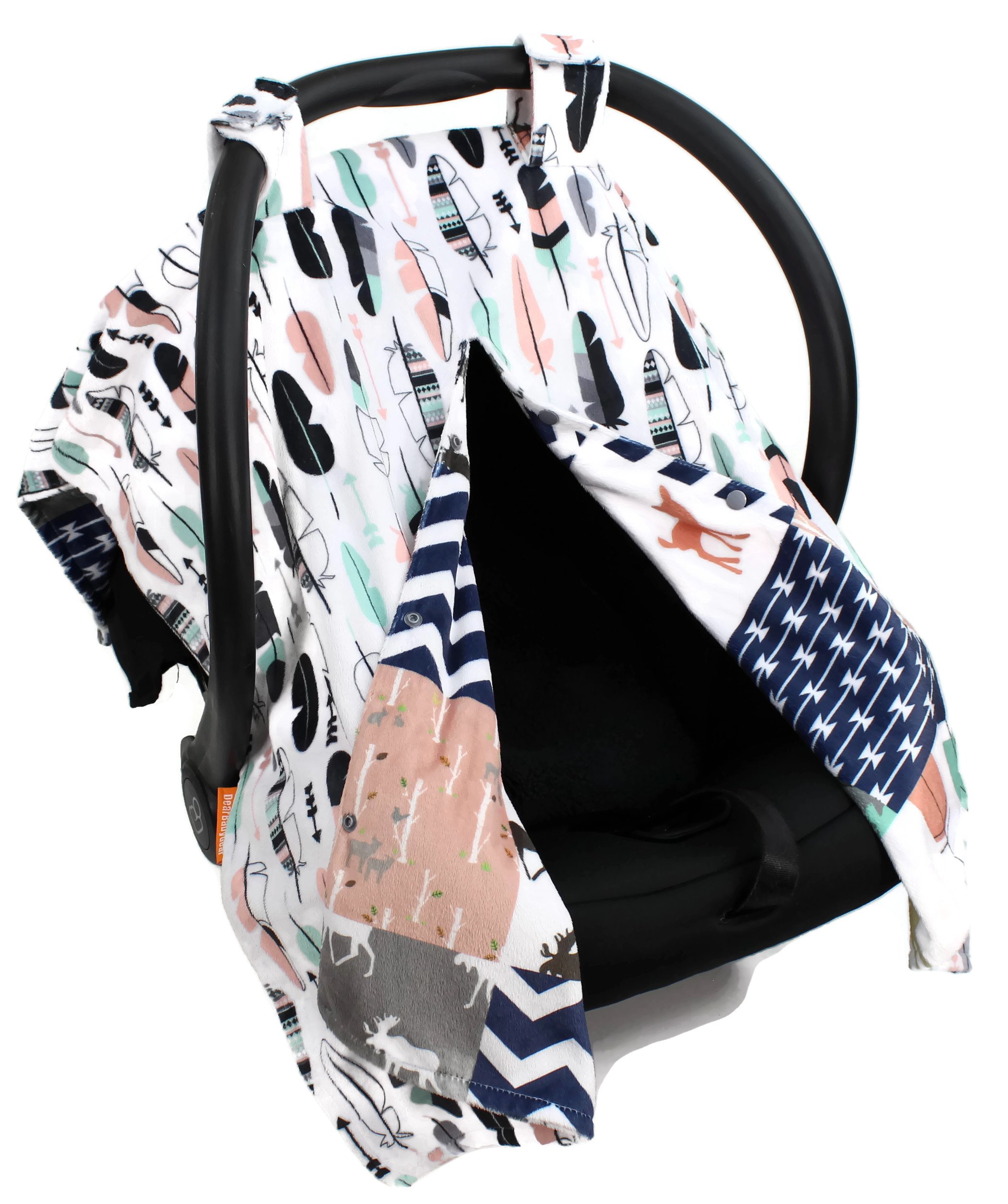 Dear Baby Gear Deluxe Reversible Car Seat Canopy, Custom Minky Print, Woodland Deer Quilt Feathers Pink Mint