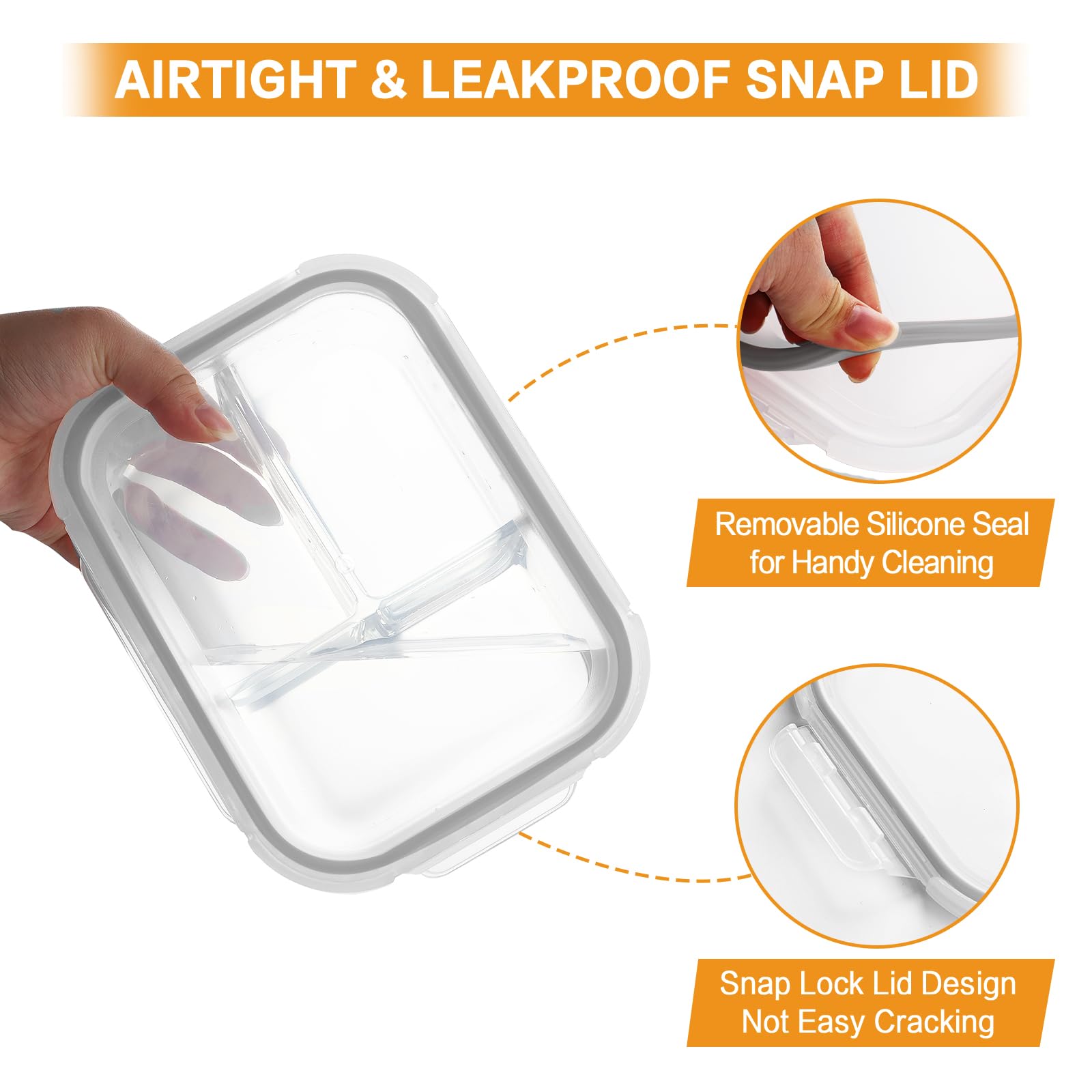 Bayco 9 Pack Glass Meal Prep Containers 3 & 2 & 1 Compartment, Glass Food Storage Containers with Lids, Airtight Glass Lunch Bento Boxes, BPA-Free & Leak Proof (9 lids & 9 Containers) - Grey