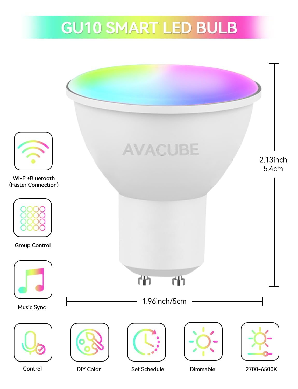 AVACUBE 4 Pack GU10 Smart Bulbs for Track Lights, 4.7 Watts PAR16 Smart LED Bulb Compatible with Alexa Google Assistant SmartThings Siri, Color Changing, Music Sync, Timer, 2700-6500K