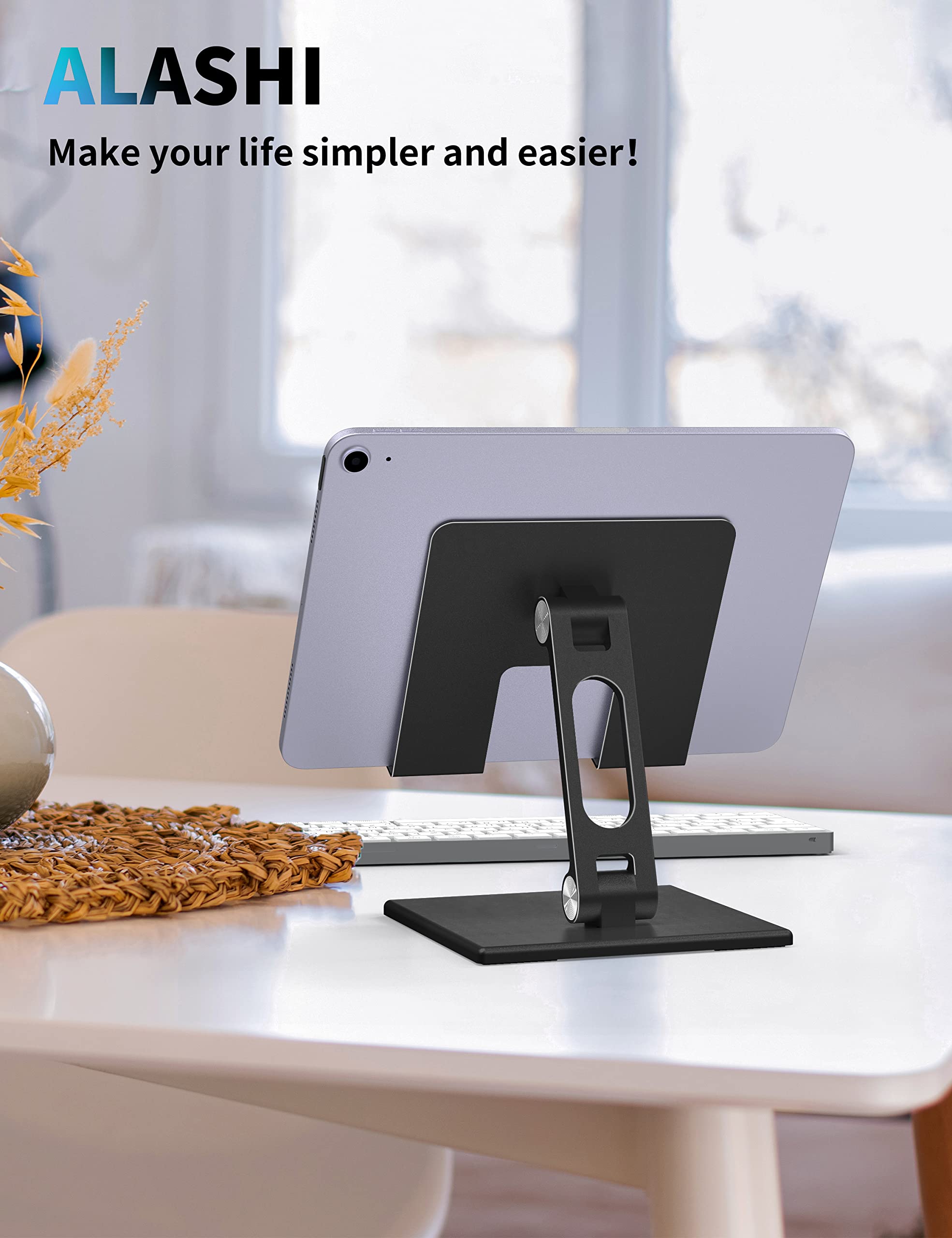 ALASHI Tablet Stand for Desk, Stable Tablet Holder with Heavy and Thickened Metal Base for Large Tablet Device, Multi-Angles Adjustable and Foldable, Universal Supports 4-13.3 Inches Tablet, Black