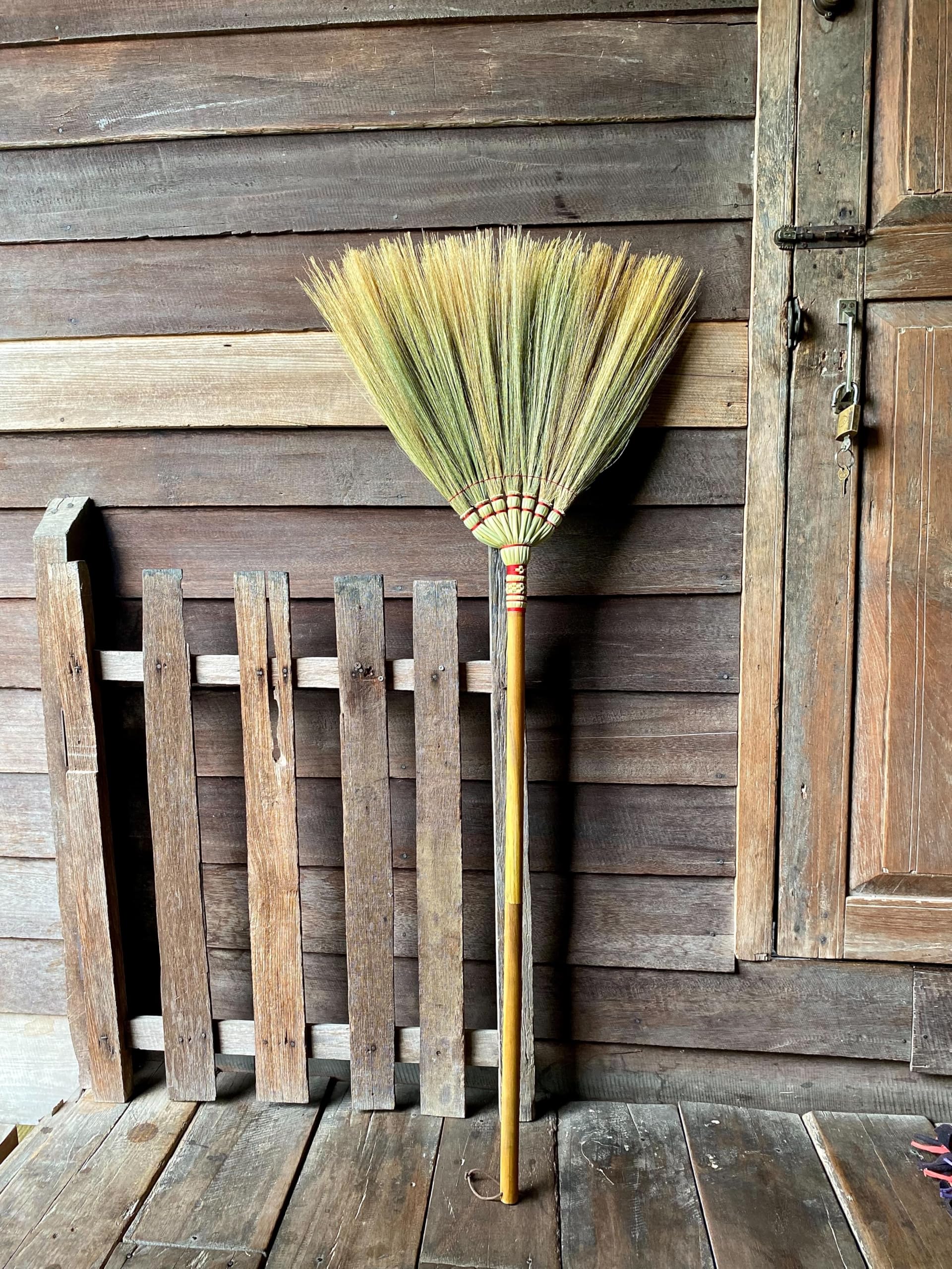 Asian Broom 46 inch - Straw Soft Broom - Long Handle Broomstick for Cleaning, Decoration, Wedding-Natural Whisk Broom for House, Garage, Office,Kitchen - Indoor Grass Broom