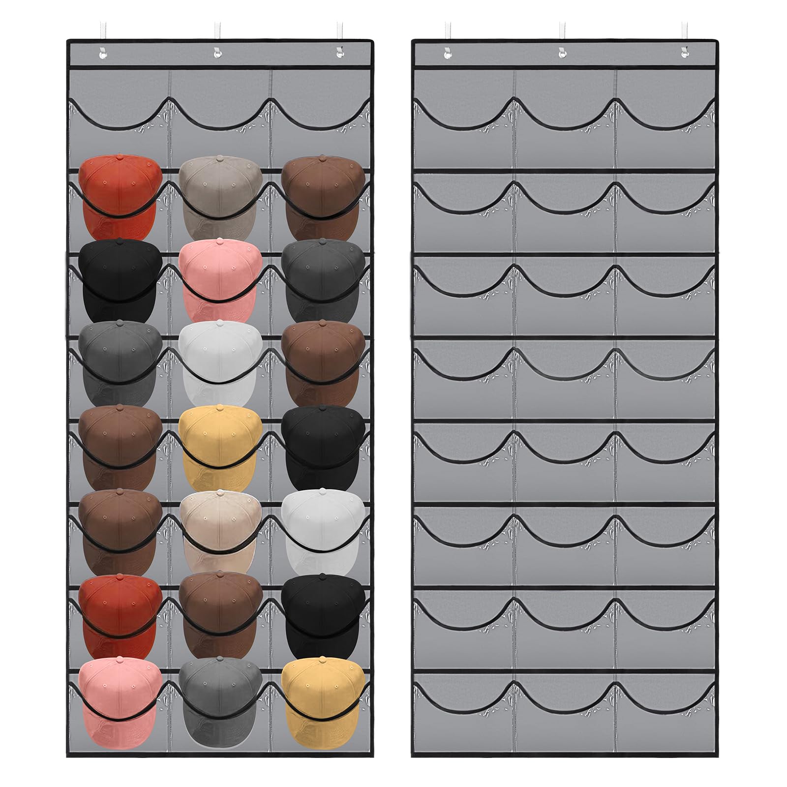 BiCINE Baseball Hat Rack, 24 Pocket Over The Door Cap Organizer with 3 Hooks, Cap Hat Holder Hanger For Closet With Large Clear Pockets, Hat Storage to Protect and Display, Black - 1 Pack