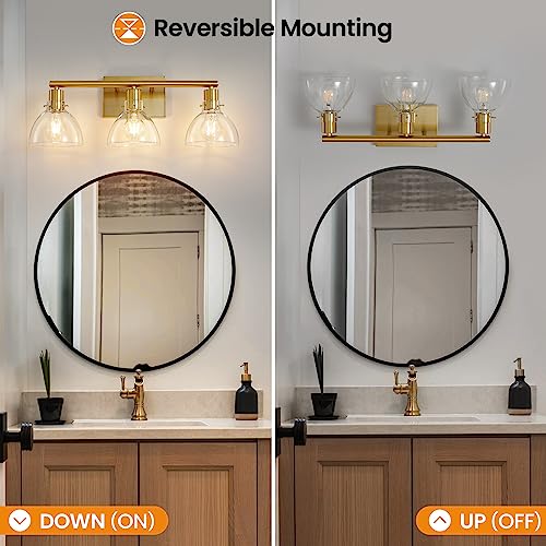CCYCOL Gold Bathroom Light Fixtures - 3-Light Modern Bathroom Vanity Light Over Mirror with Clear Glass Shade, 22.4 Inch Bath Wall Sconce Lighting Brushed Gold Vanity Lights for Bathroom, Dressing