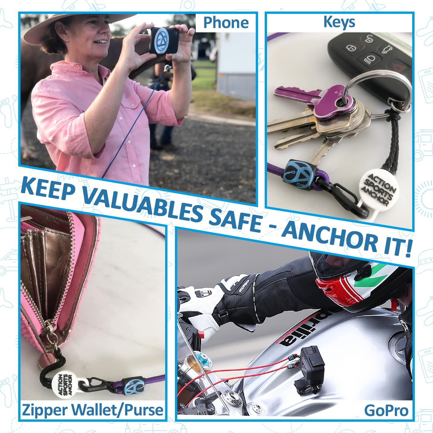 Action Sports Phone Lanyard β Tough Outdoors Mobile cellphone Lanyard & Anti-Tangle Bungie Cord Strap Securely Tether Your Mobile ProCam Keys Wallet - Aussie Made