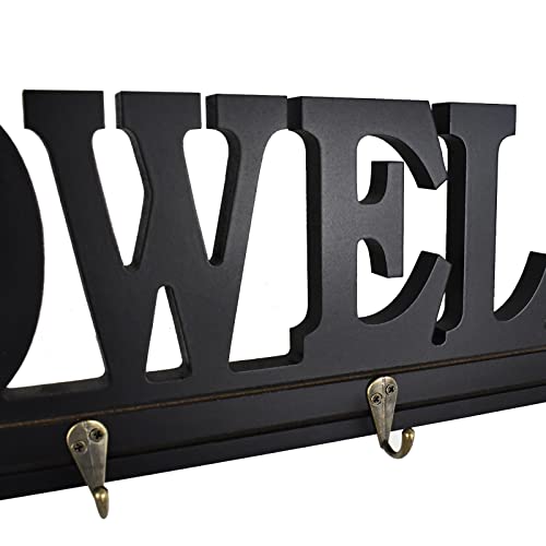 Black Wood Towel Hooks for Bathroom Decorative Cutout Word Sign Wall Decor, Wall Mounted Towel Rack Hanger Hanging Word Sign with 4 Hanging Hooks